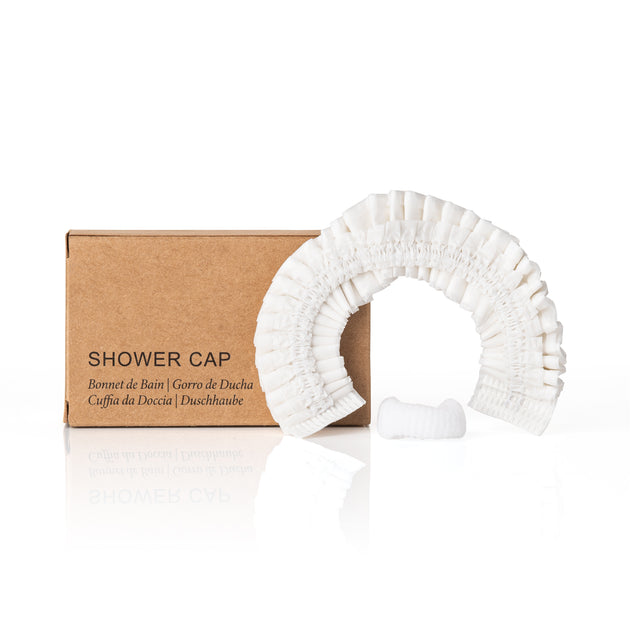 Cornstarch Shower Cap and Hair Tie (Kraft Paper Box) – World Amenities